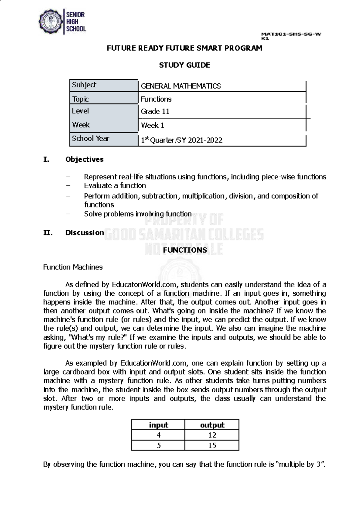SHS-MAT101-WK01 - Functions Study Guide for Grade 11 - Studocu