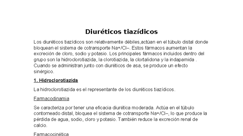 Diuréticos Tiazídicos: Farmacología y Aplicaciones Clínicas - Studocu