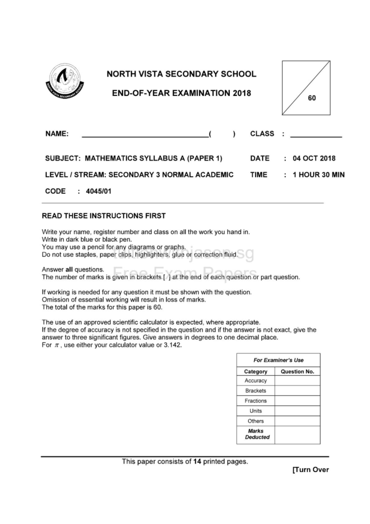 E-Math - Sec 3 NA - SA 2 - 2018 - north vista sec - NORTH VISTA ...
