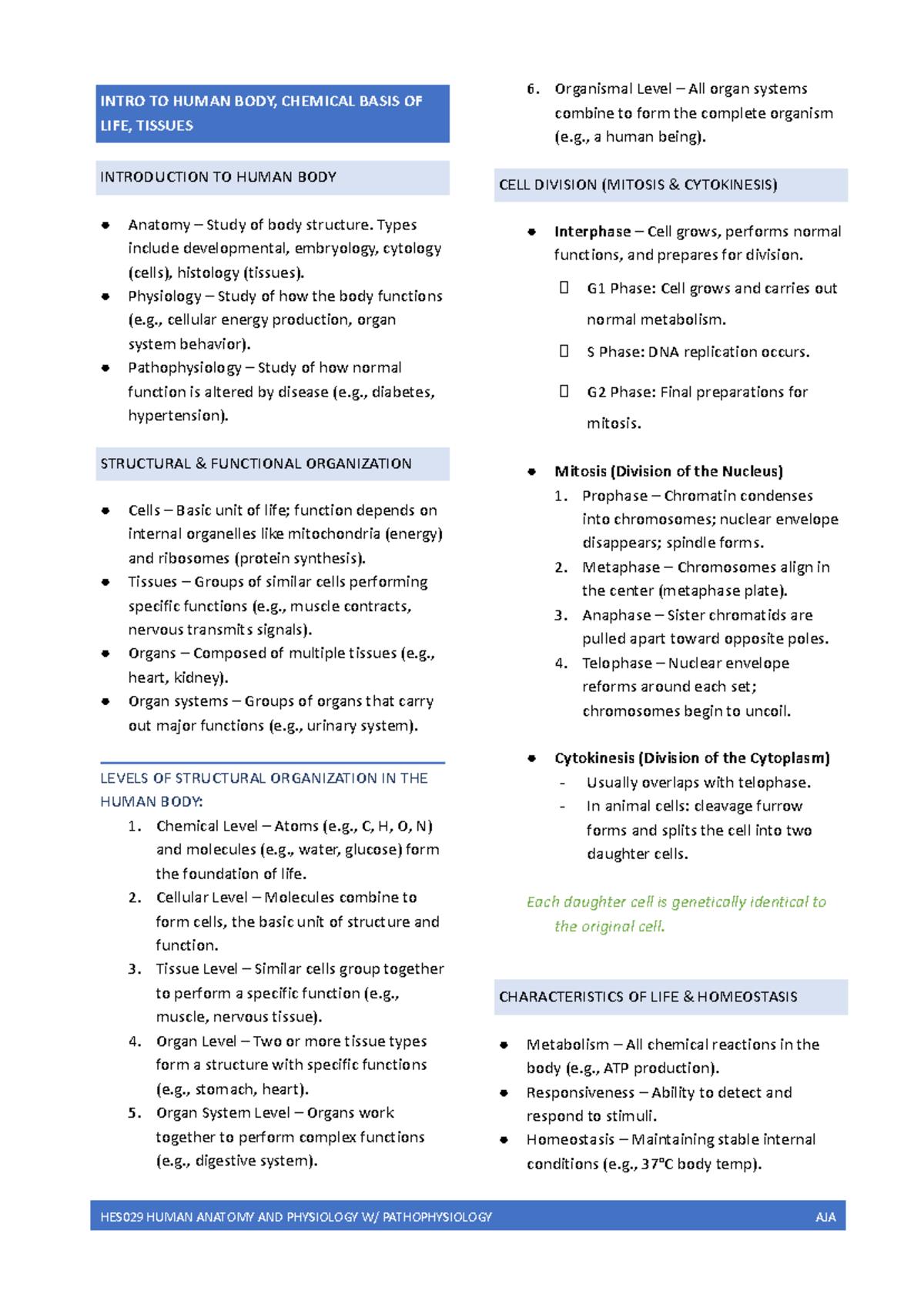 HES029 HUMAN ANATOMY AND PHYSIOLOGY LECTURE NOTES: TOPICS 1-12 - Studocu
