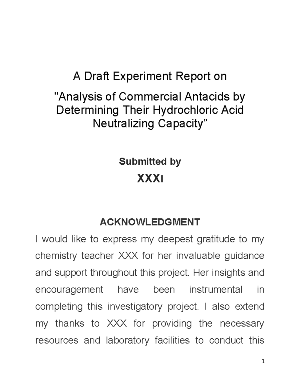 Chemistry project - A Draft Experiment Report on "Analysis of ...