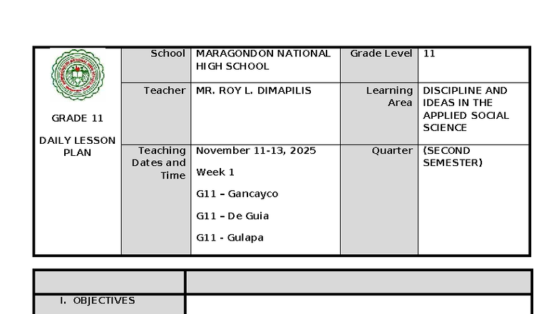G11 Daily Lesson Plan: Introduction to Applied Social Sciences - Studocu