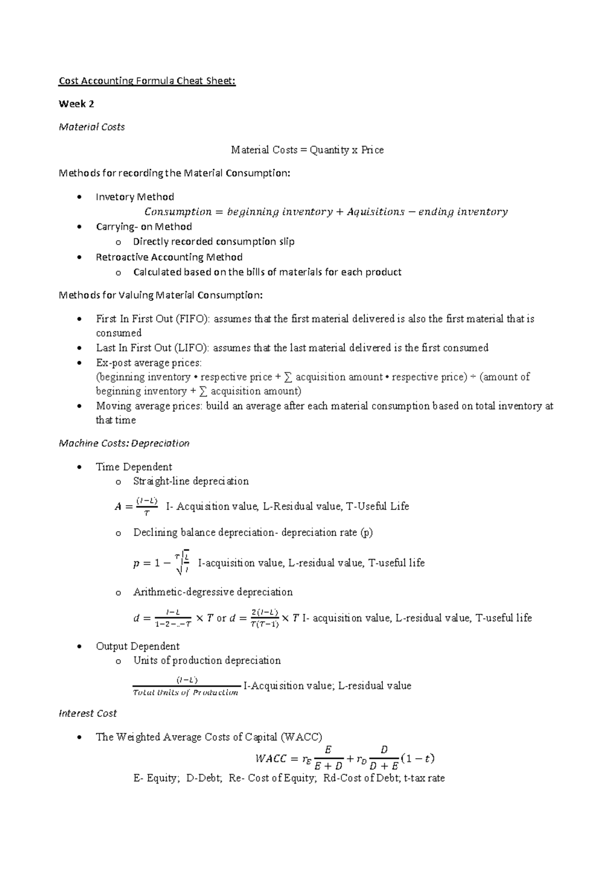 Cost Accounting Formula Cheat Sheet: Weeks 2-7 Overview - Studocu