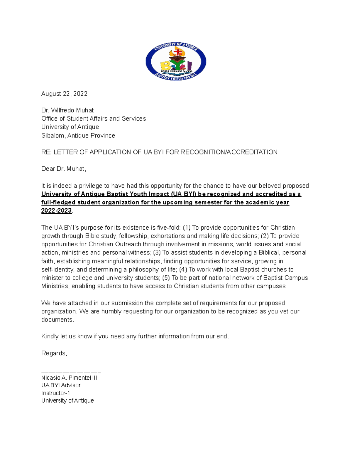 Application Letter for Recognition/Accreditation of UA BYI - Studocu