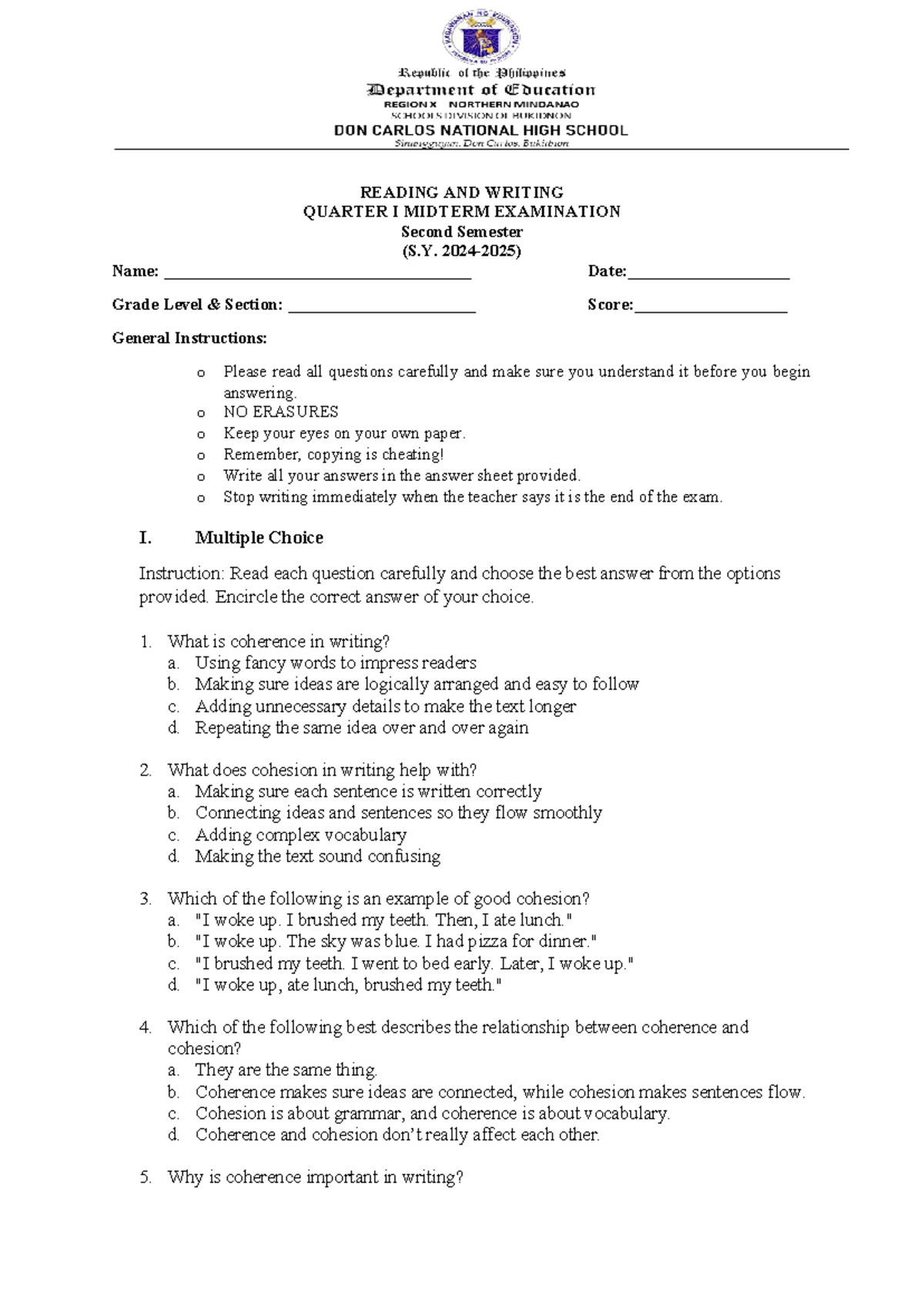 G11 READING AND WRITING MIDTERM EXAMINATION - Studocu