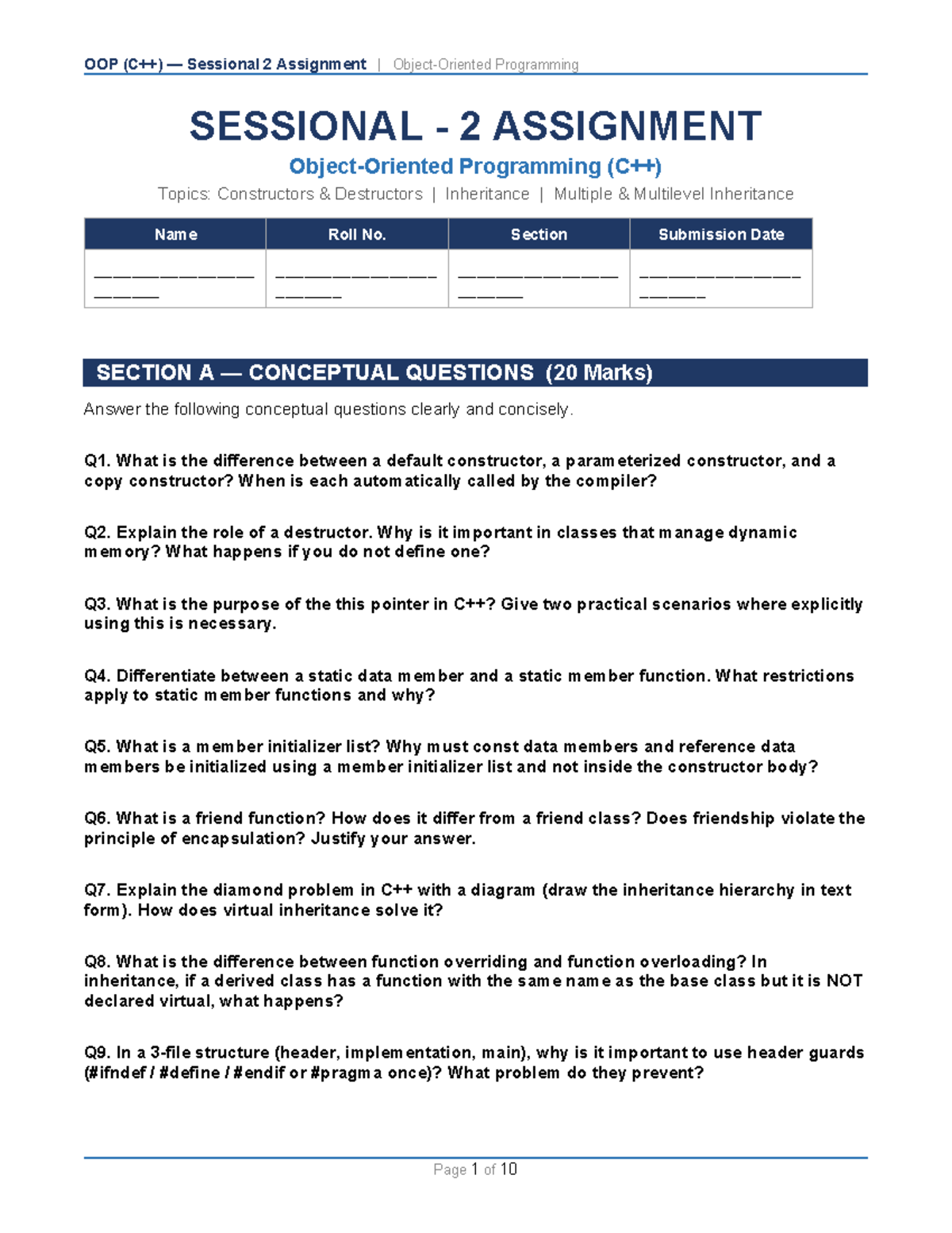 OOP Sessional 2 Assignment: Programming Concepts and Code Analysis ...