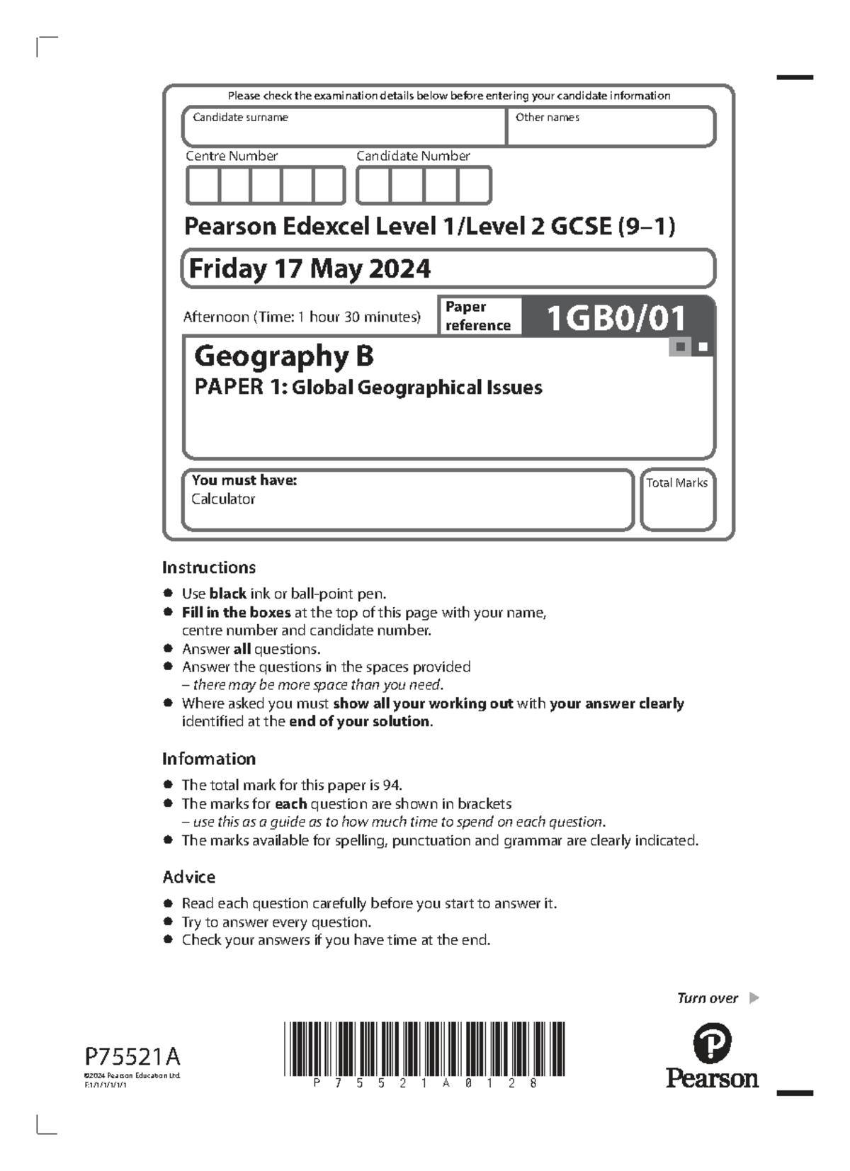1GB0 01 Geography B Paper 1: Global Geographical Issues Exam Details ...