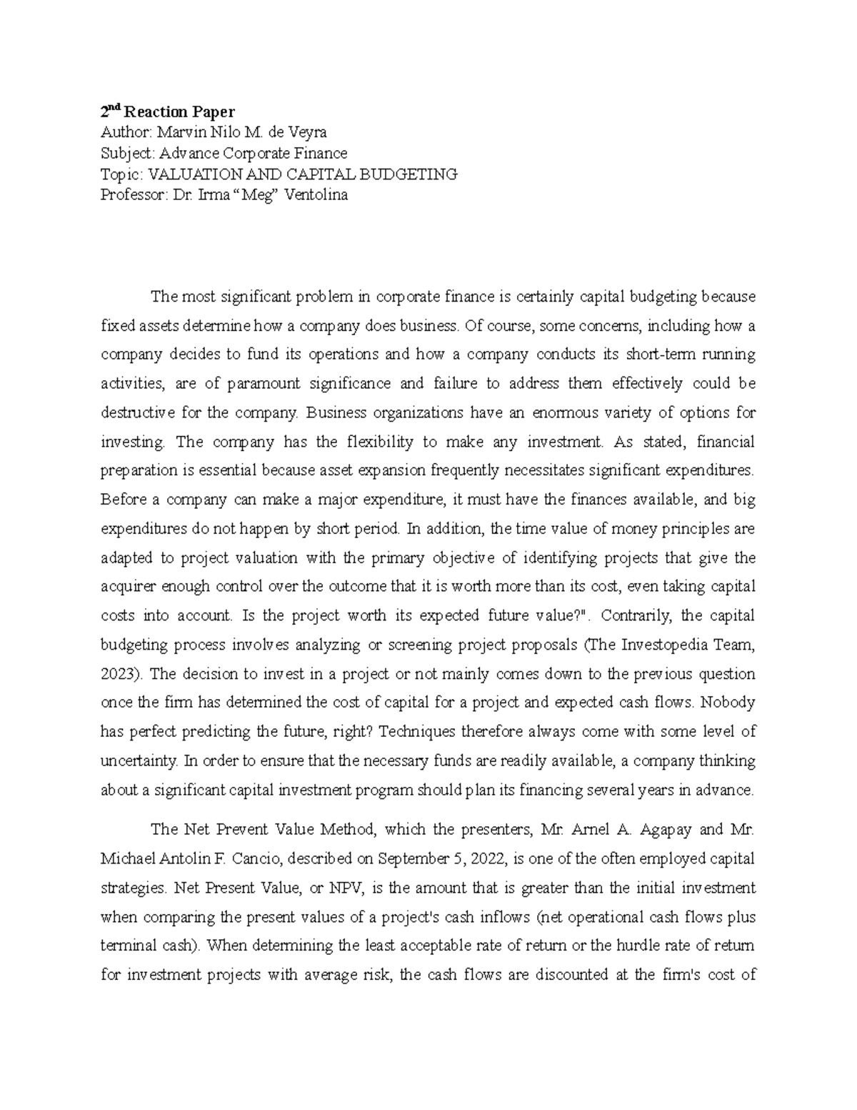 2nd Reaction Paper on Valuation & Capital Budgeting in AC Finance - Studocu