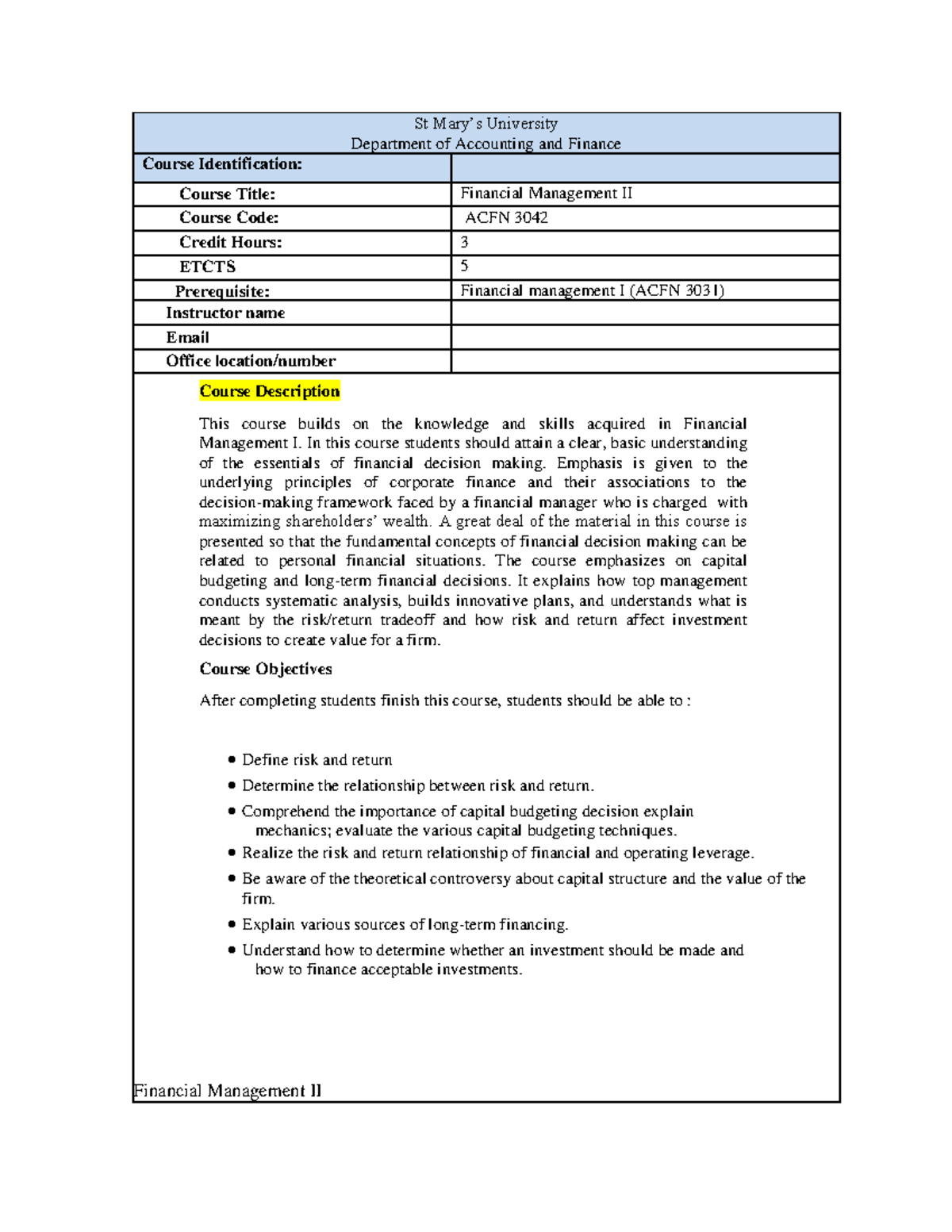 ACFN 3042 Financial Management II Course Outline and Objectives - Studocu