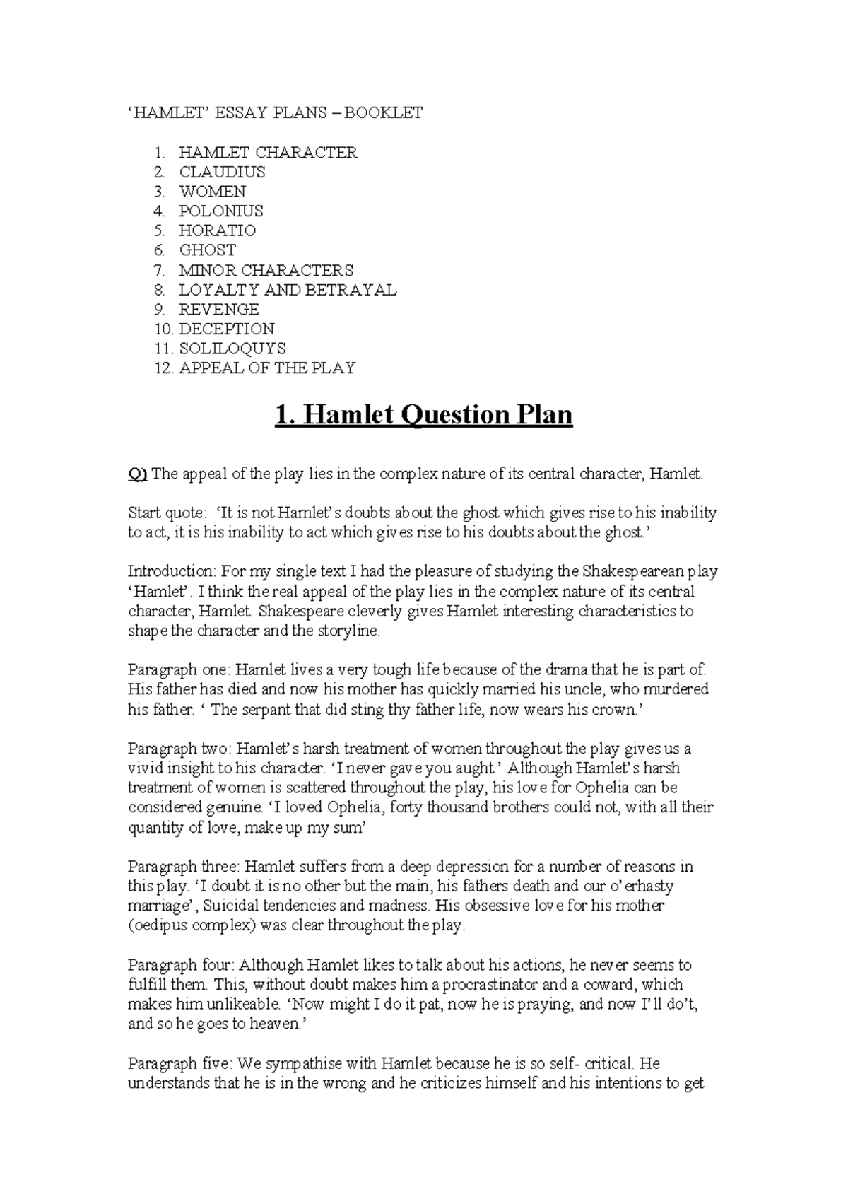 Hamlet Essay Plans Booklet: Character Analysis and Themes - Studocu