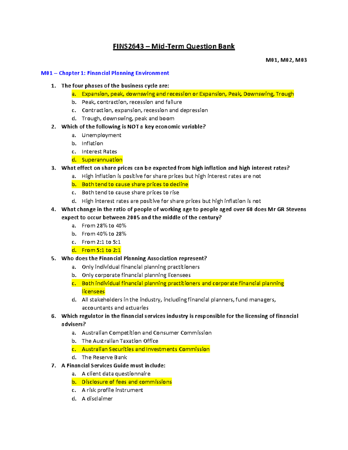 QU-BANK - bank - FINS2643 – Mid-Term Question Bank M01, M02, M M01 ...