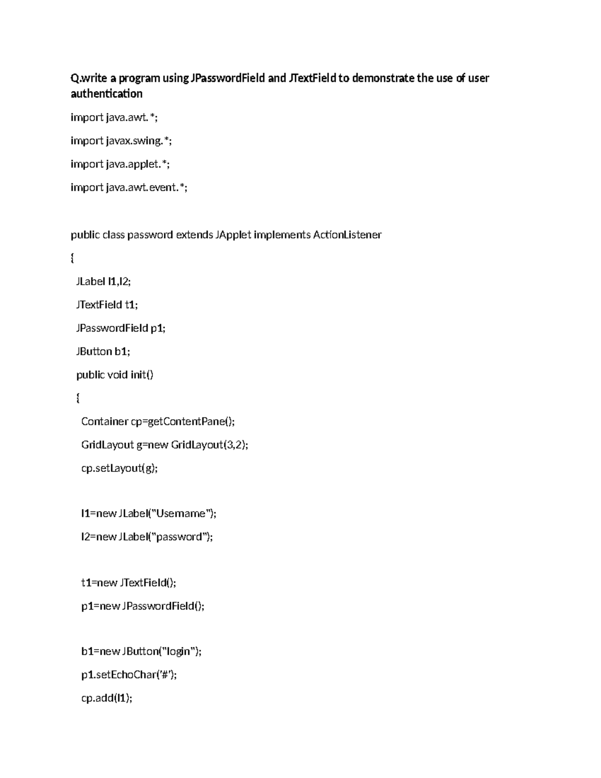 Prc12 - User Authentication and Simple Addition in Java Applets - Studocu