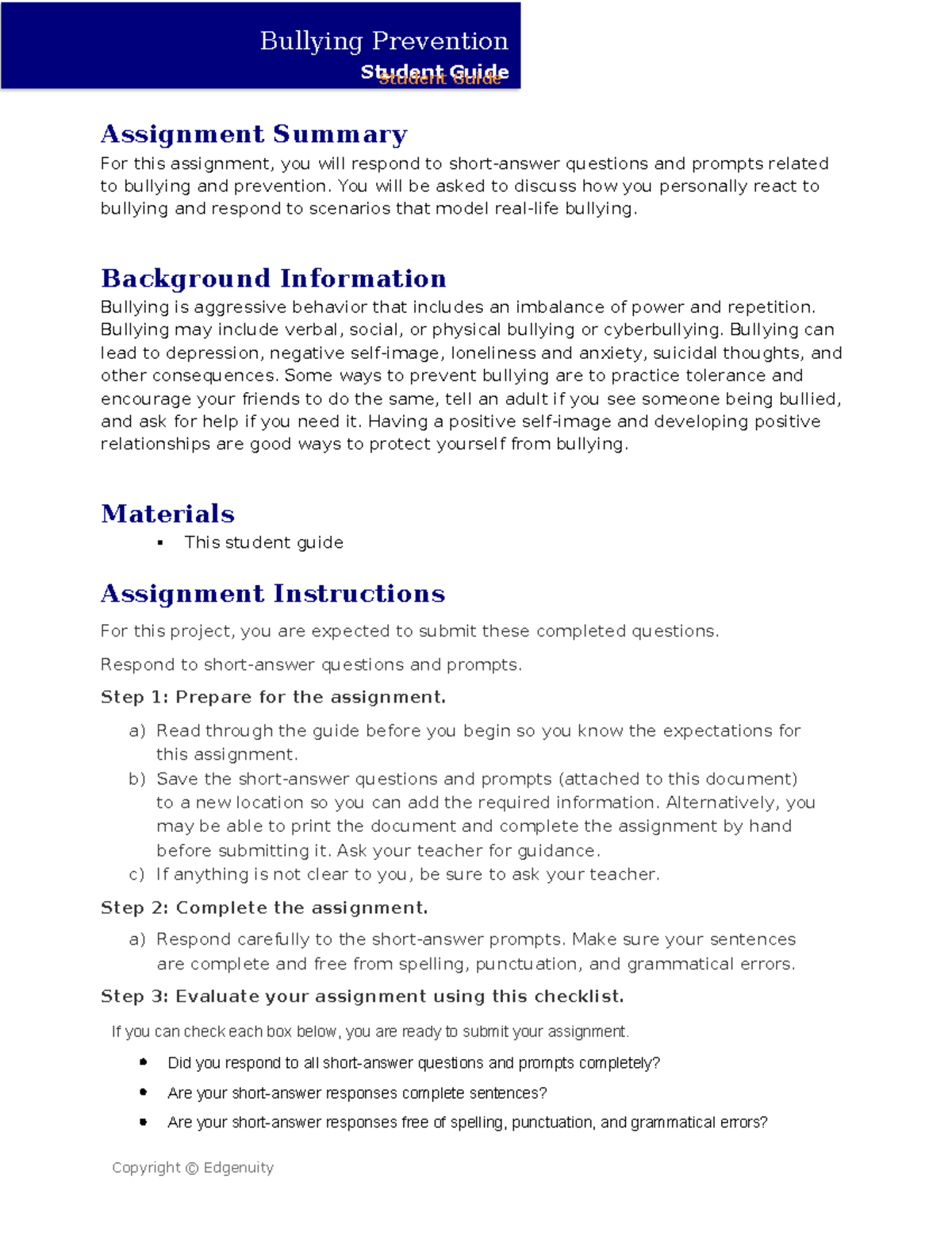 Project Bullying Prevention: Student Guide for Effective Responses ...