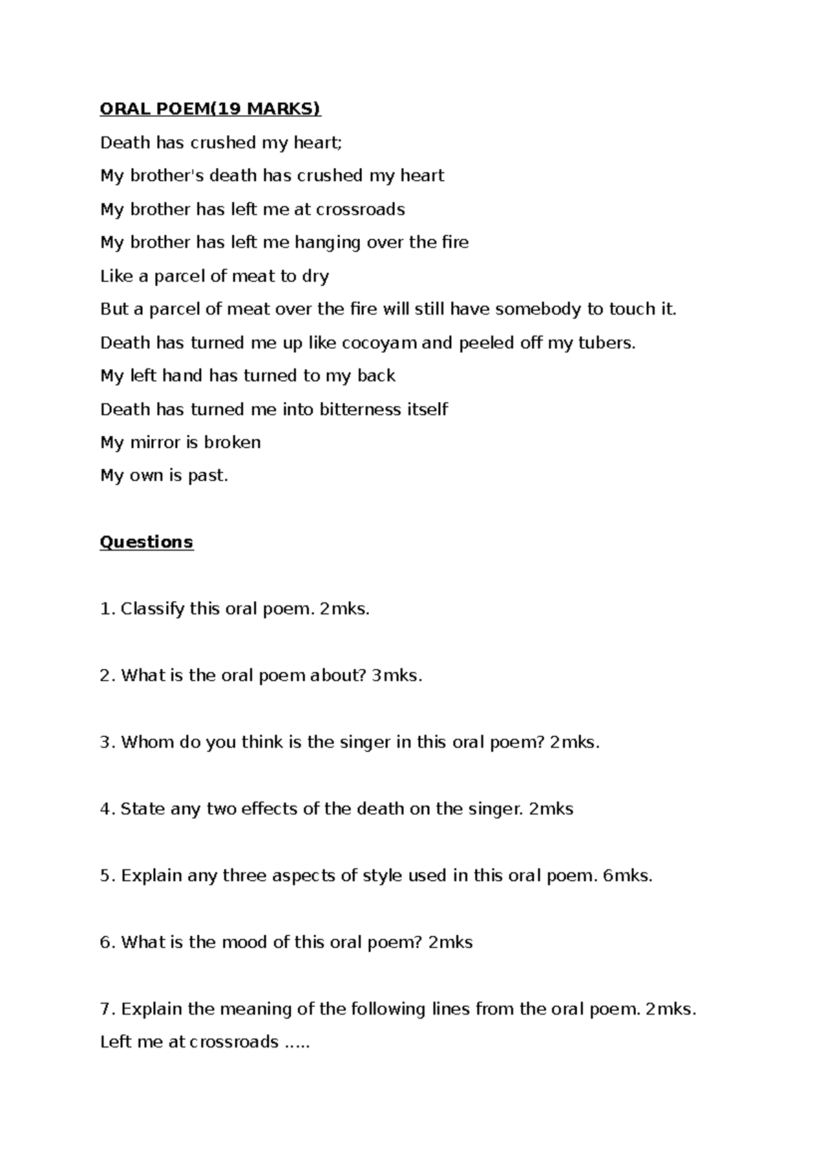 Eng Form 2 A+2 Exam - Oral Poem Analysis and Questions - Studocu