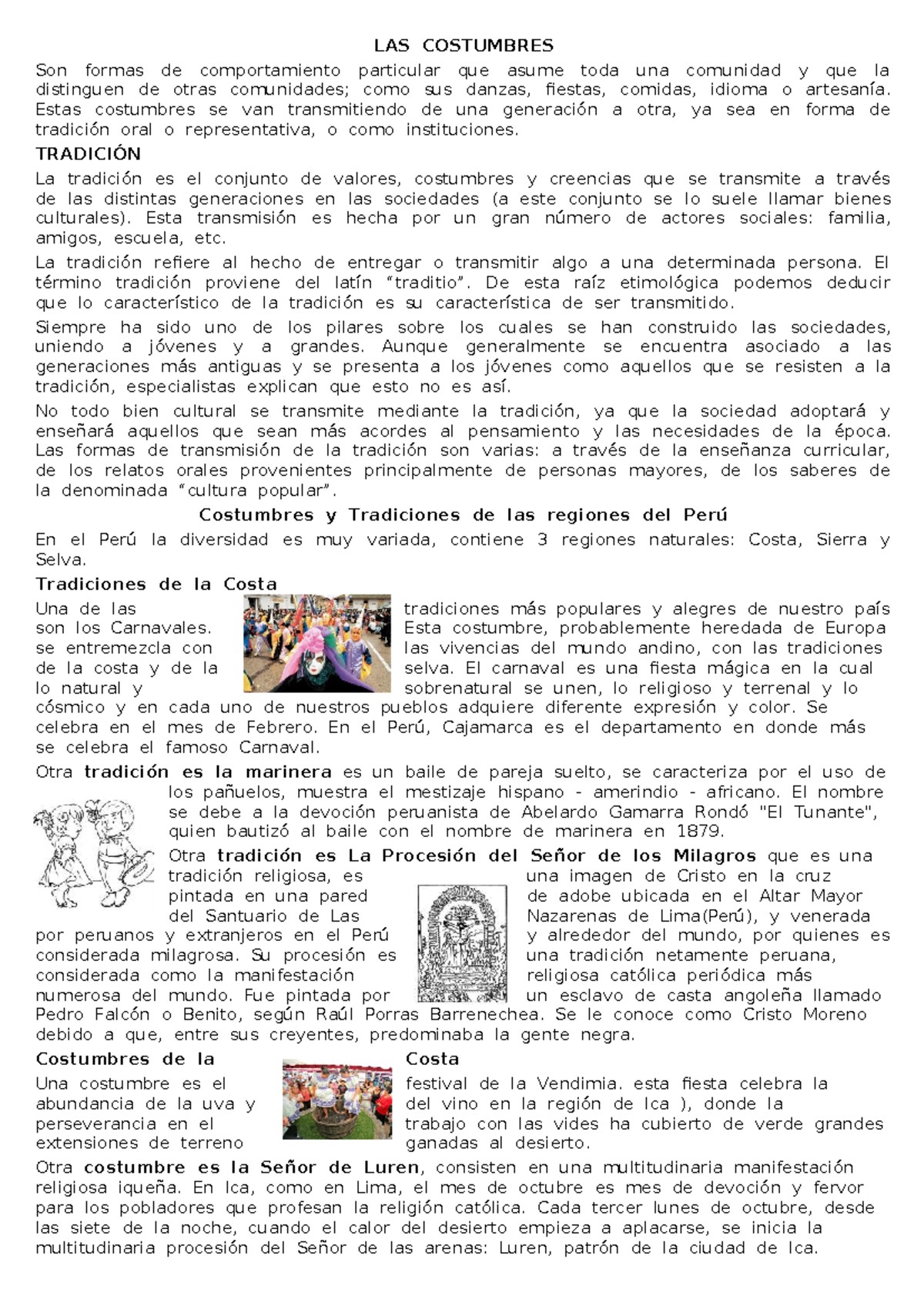LAS COSTUMBRES Y TRADICIONES DEL PERÚ: Un Análisis Cultural - Studocu