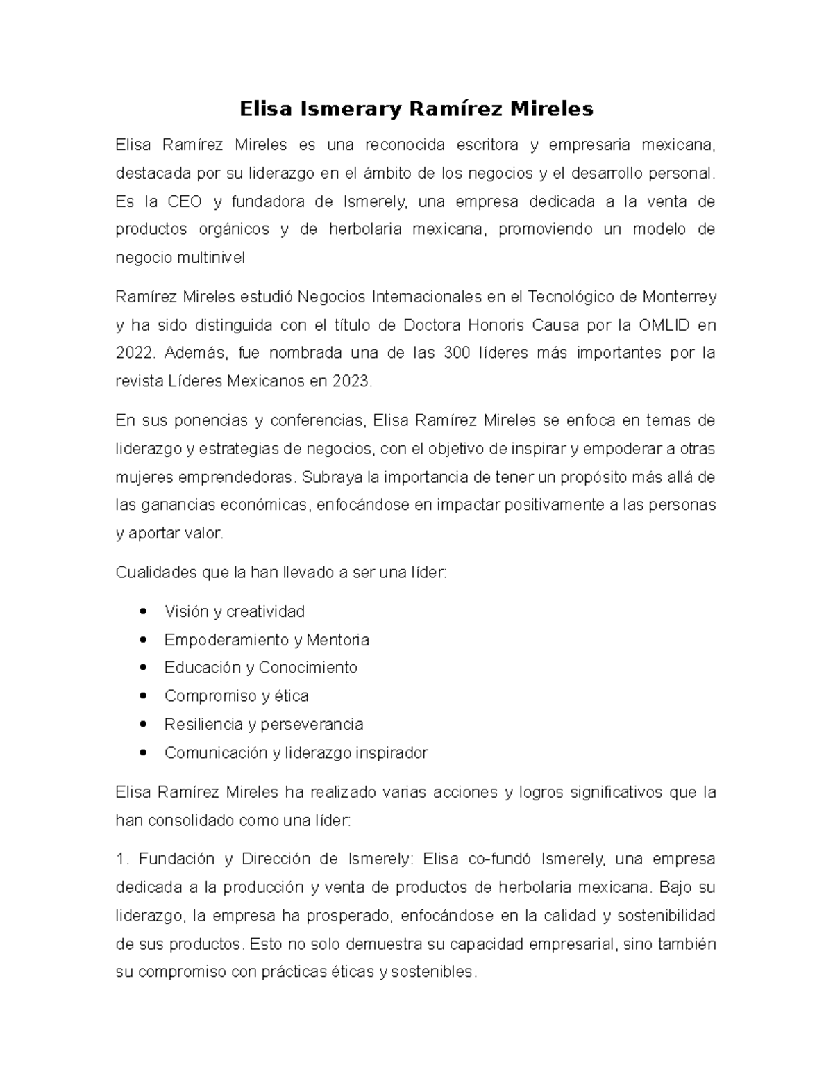 Biografía de Elisa Ramírez Mireles: Liderazgo y Emprendimiento - Studocu