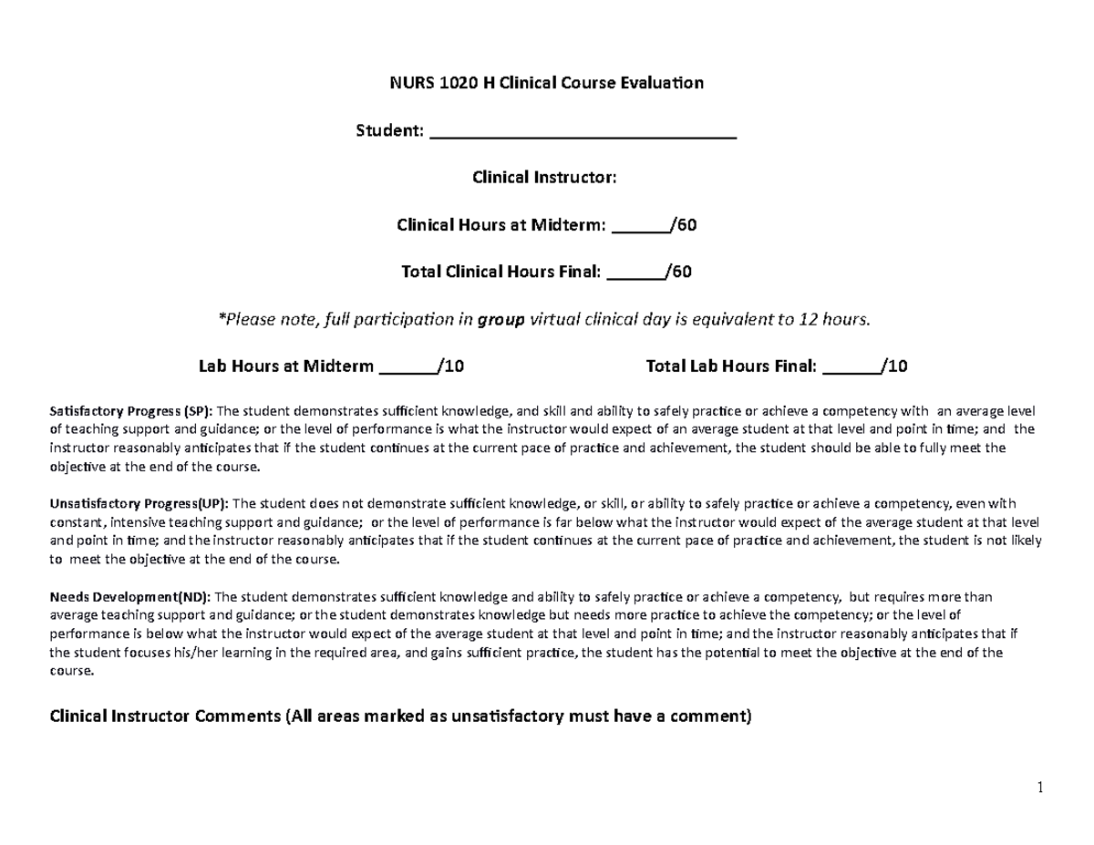 1020 Clinical Evaluation 2022 - NURS 1020 H Clinical Course Evaluation ...