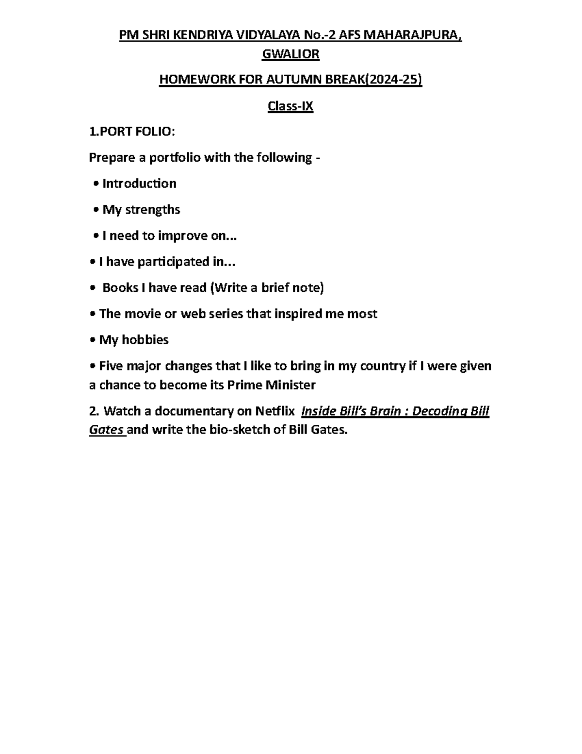 Class -IX (Home Work for Autumn Break 2024-25) (10) - PM SHRI KENDRIYA ...