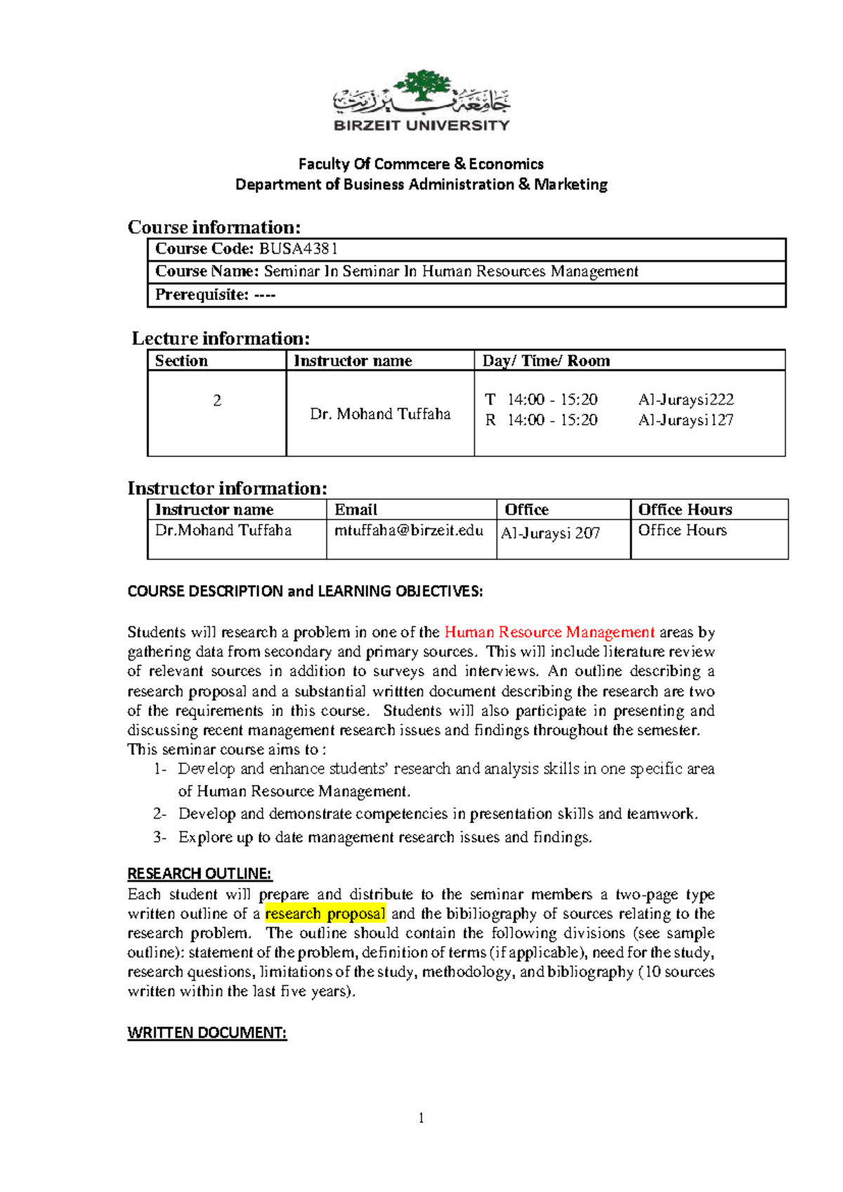 BUSA438 1 Seminar in HRM Course Outline & Research Proposal Guide - Studocu