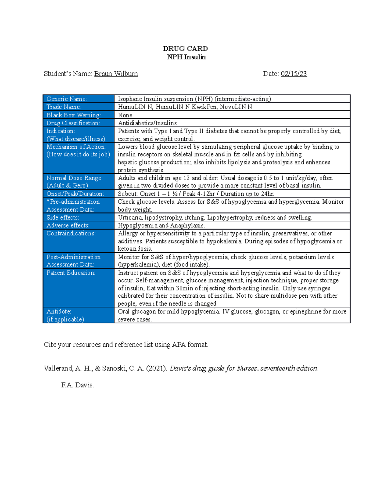 NPH Insulin Drug Card (Intermediate-Acting Antidiabetic) - Studocu