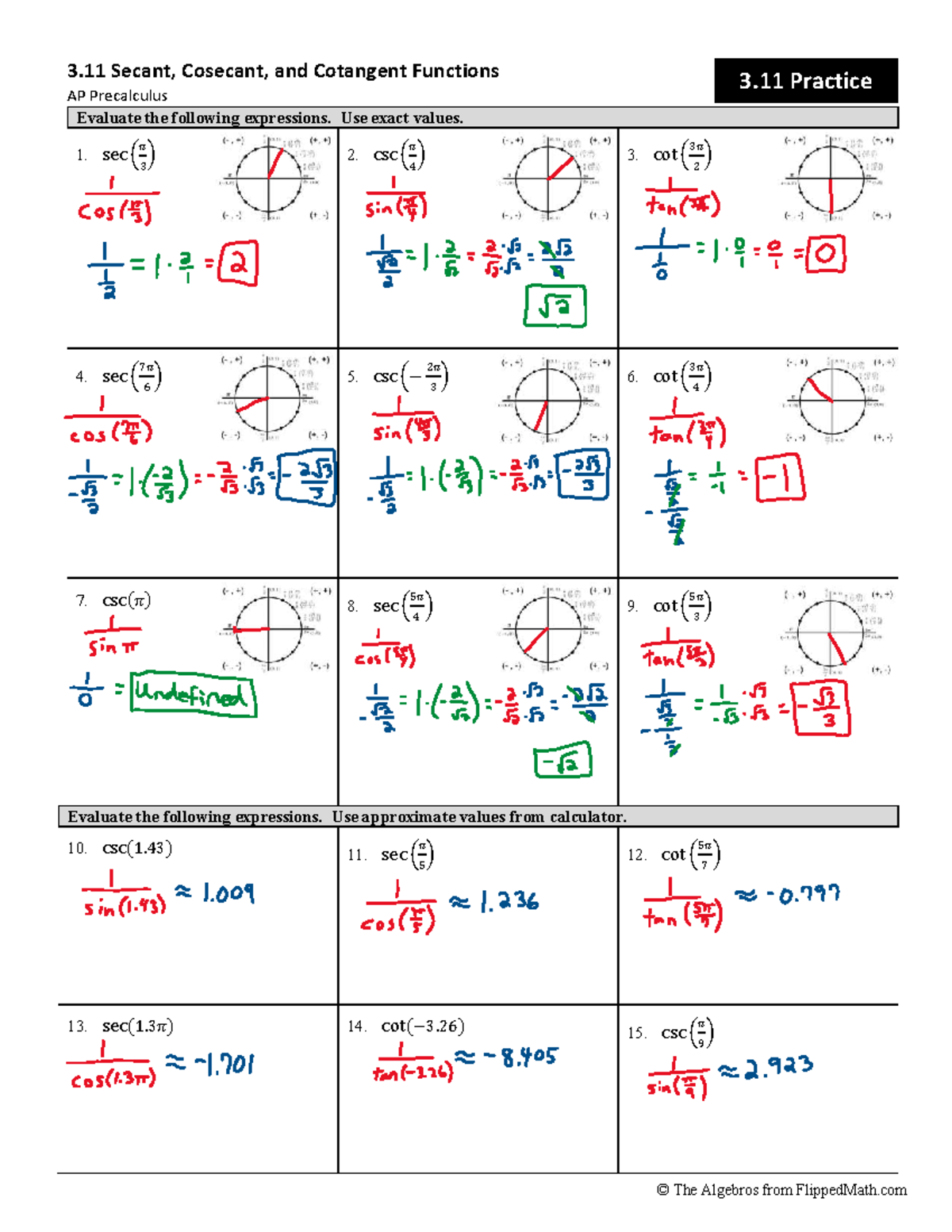 3.11 Practice on Secant, Cosecant, and Cotangent Functions AP ...