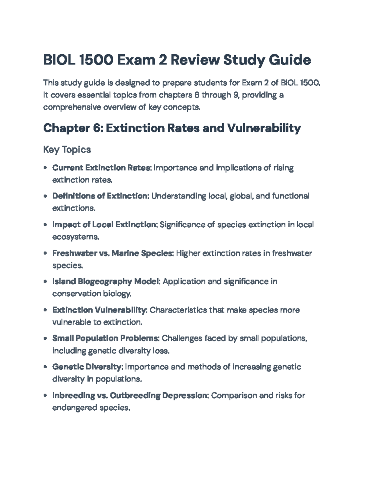 BIOL 1500 Exam 2 Review Study Guide: Key Concepts in Conservation Biology - BIOL 1500 Exam 2 ...