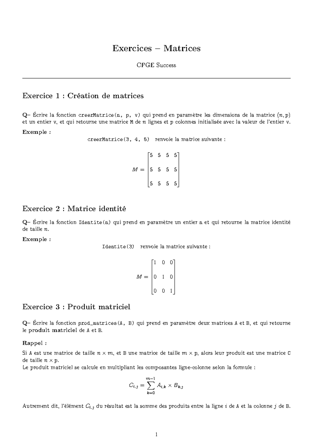 TD Matrices - SMPC : Exercices sur la Création et Opérations ...