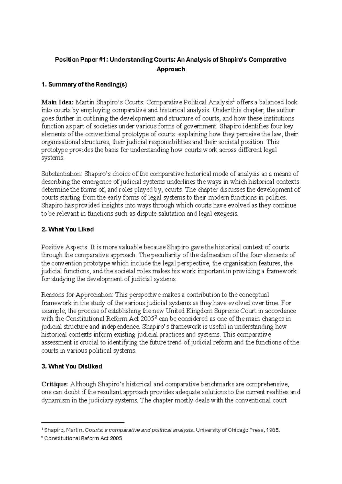 Position Paper: Understanding Courts - A Comparative Analysis (POL 101 ...