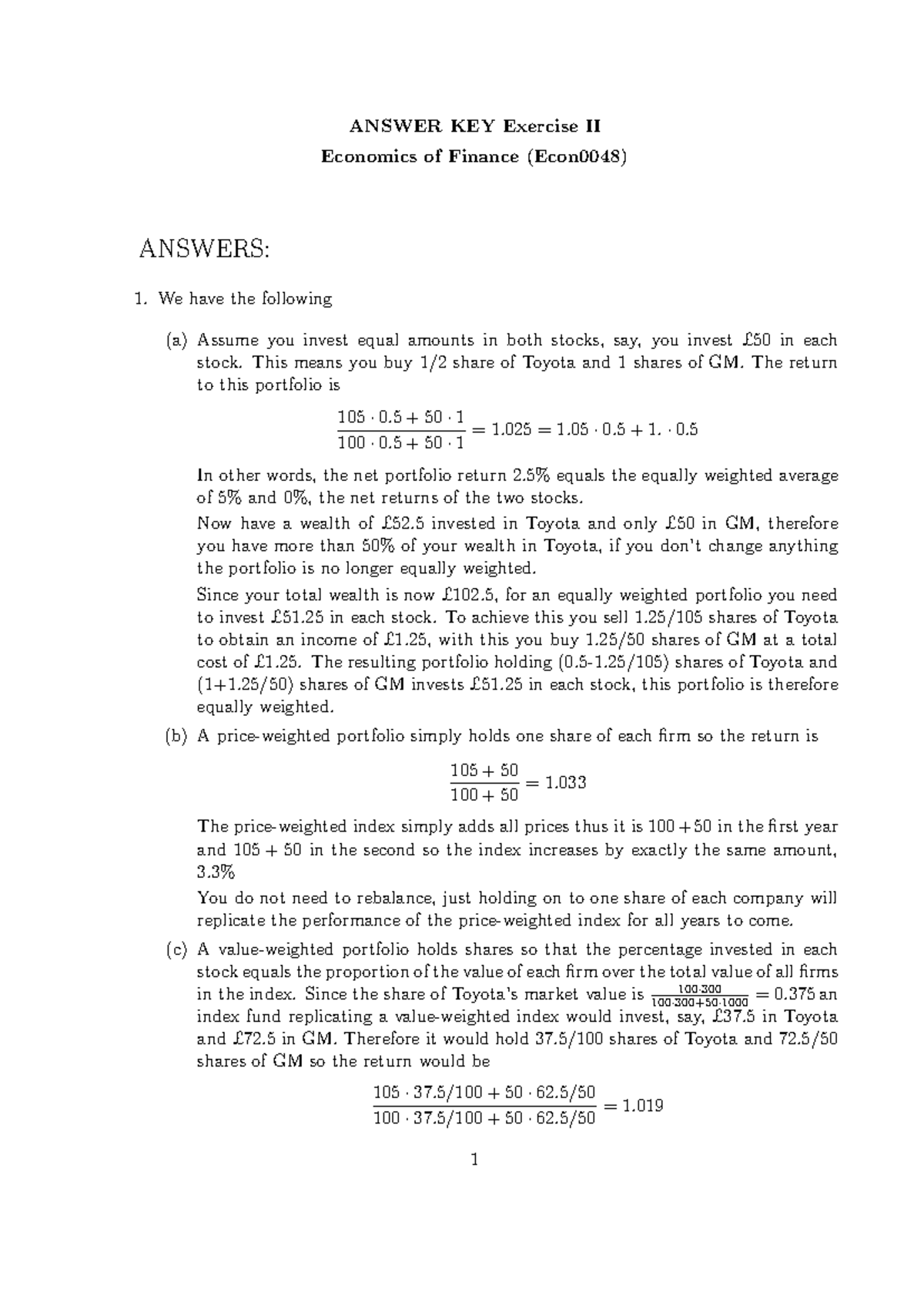 Answer Key: Exercise II - Economics of Finance (Econ0048) - Studocu