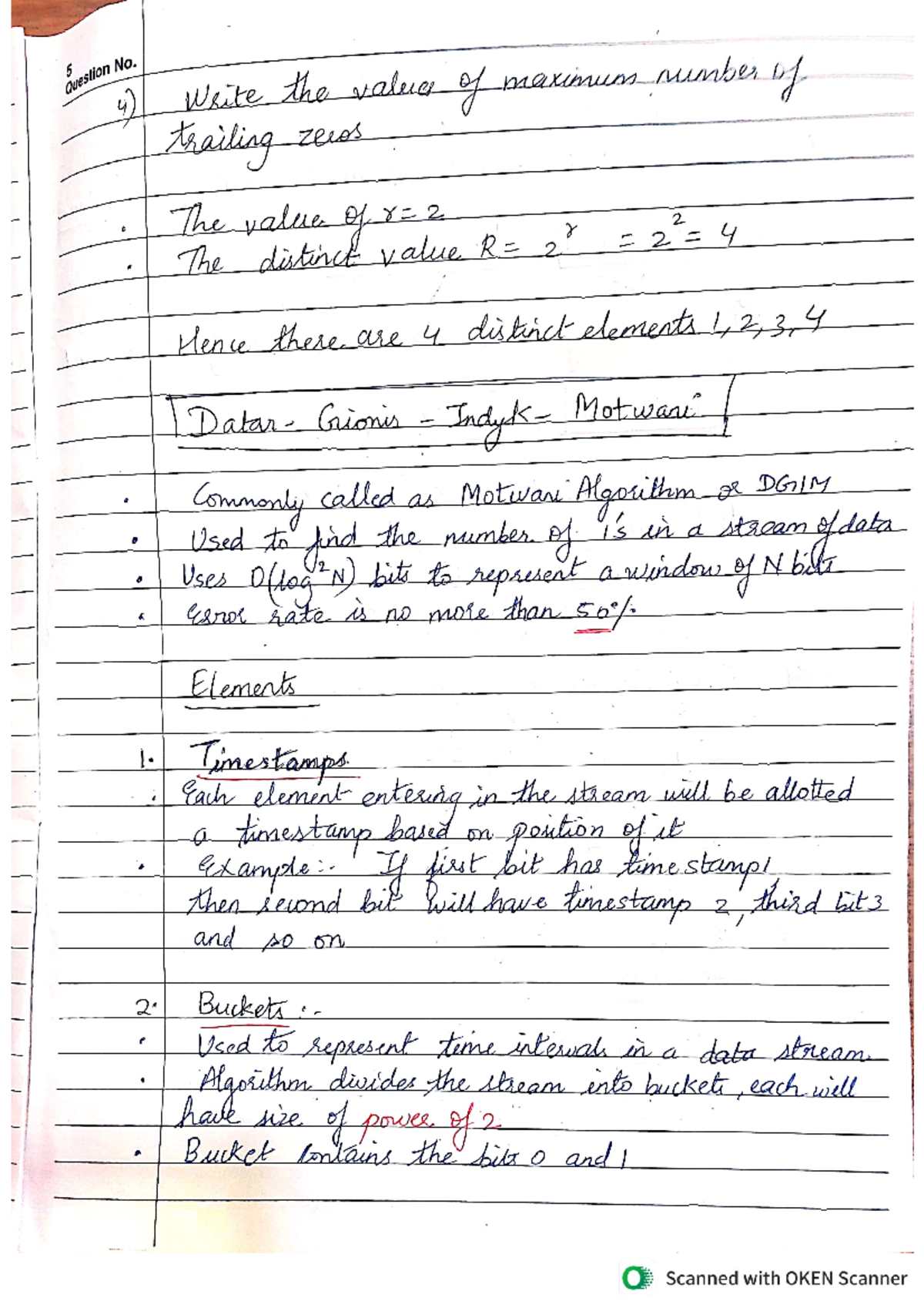 DGIM - DGIM theory - question No. 4) Write the values of maximum number of trailing zeros The ...