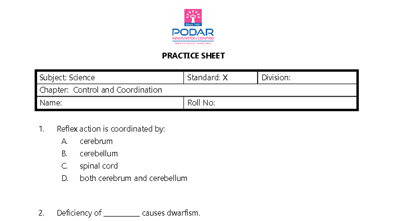 CB X Sci Control and Coordination Practice Sheet - Studocu