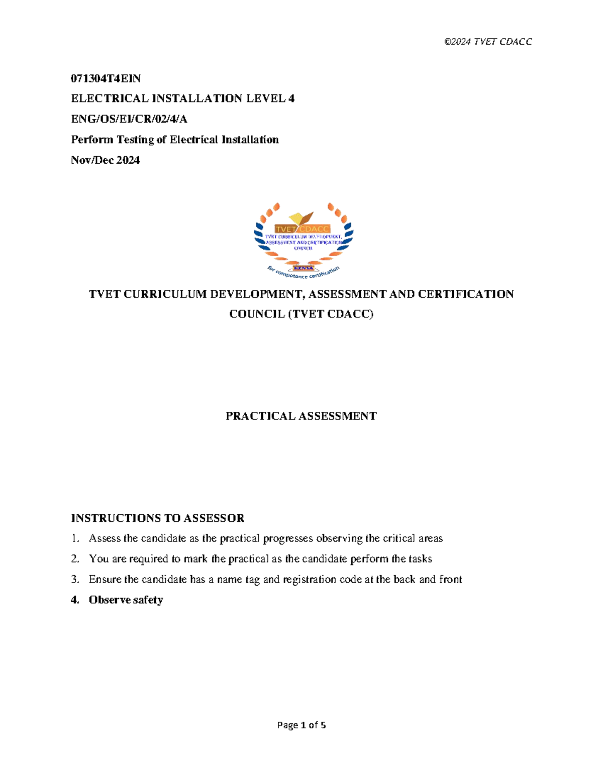 TVET CDACC 071304T4EIN Level 4 Electrical Installation Testing ...