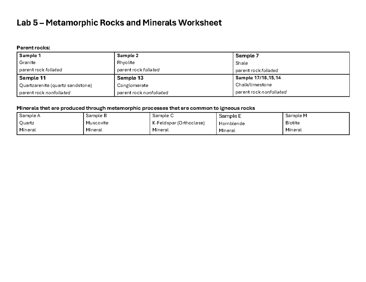 LAB 5 Worksheet: Metamorphic Rocks & Minerals Analysis 2026 - Studocu