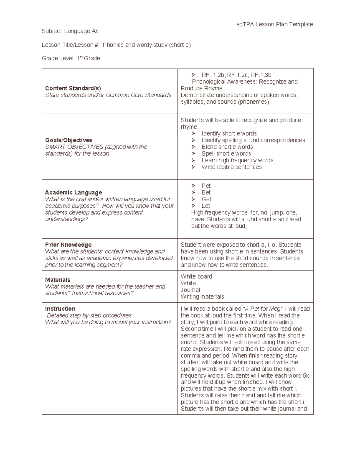 EDTPA 1st Grade Lesson Plan: Phonics & Word Study (Short E) - Studocu
