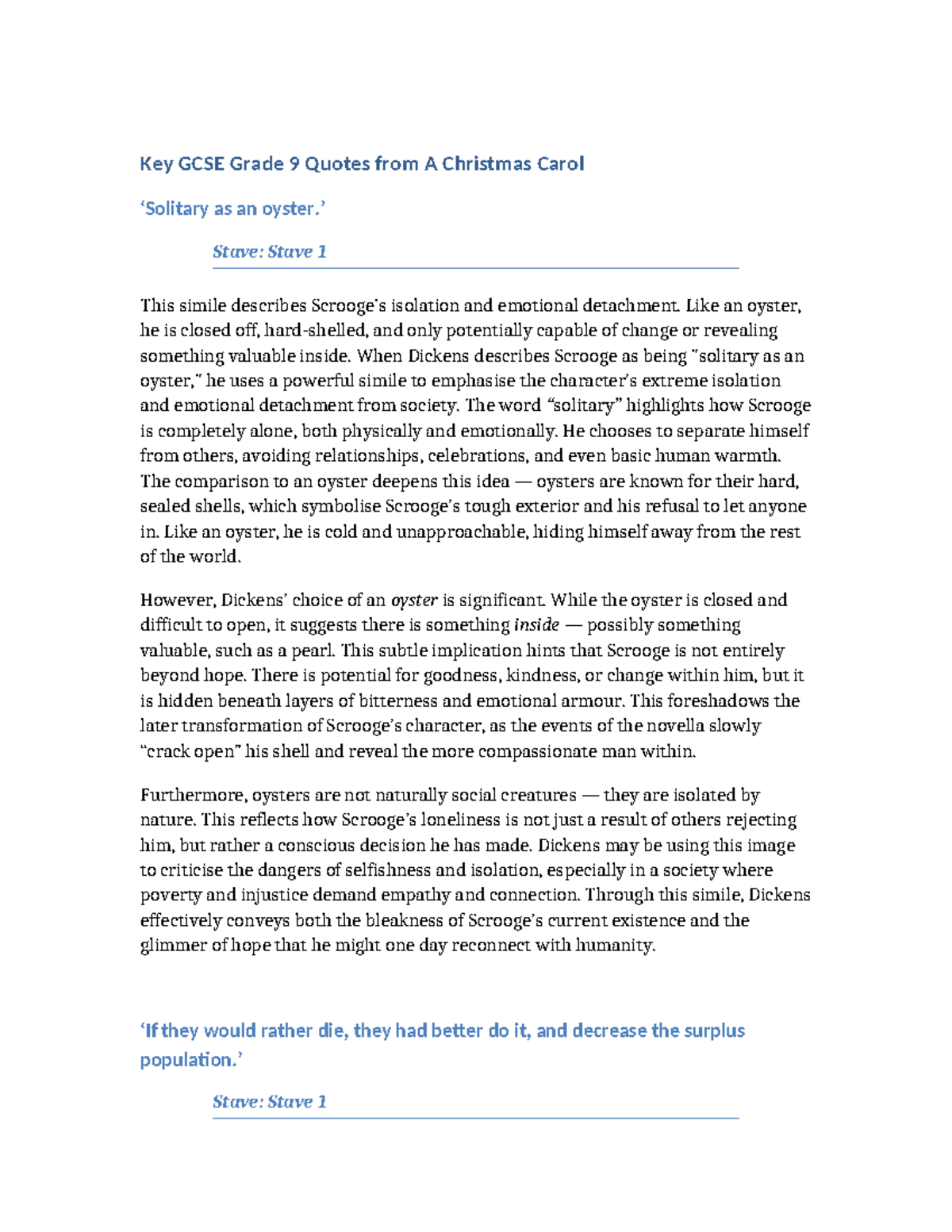 GCSE English Literature: Key Quotes from A Christmas Carol (Staves 1-4 ...