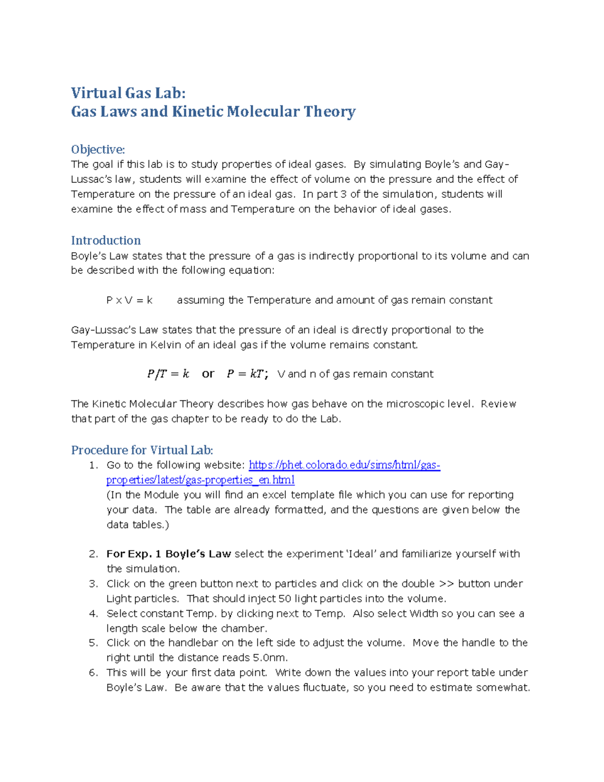 Chem 1A_Fall20 Online Lab Report: Exploring Gas Laws via Simulation ...