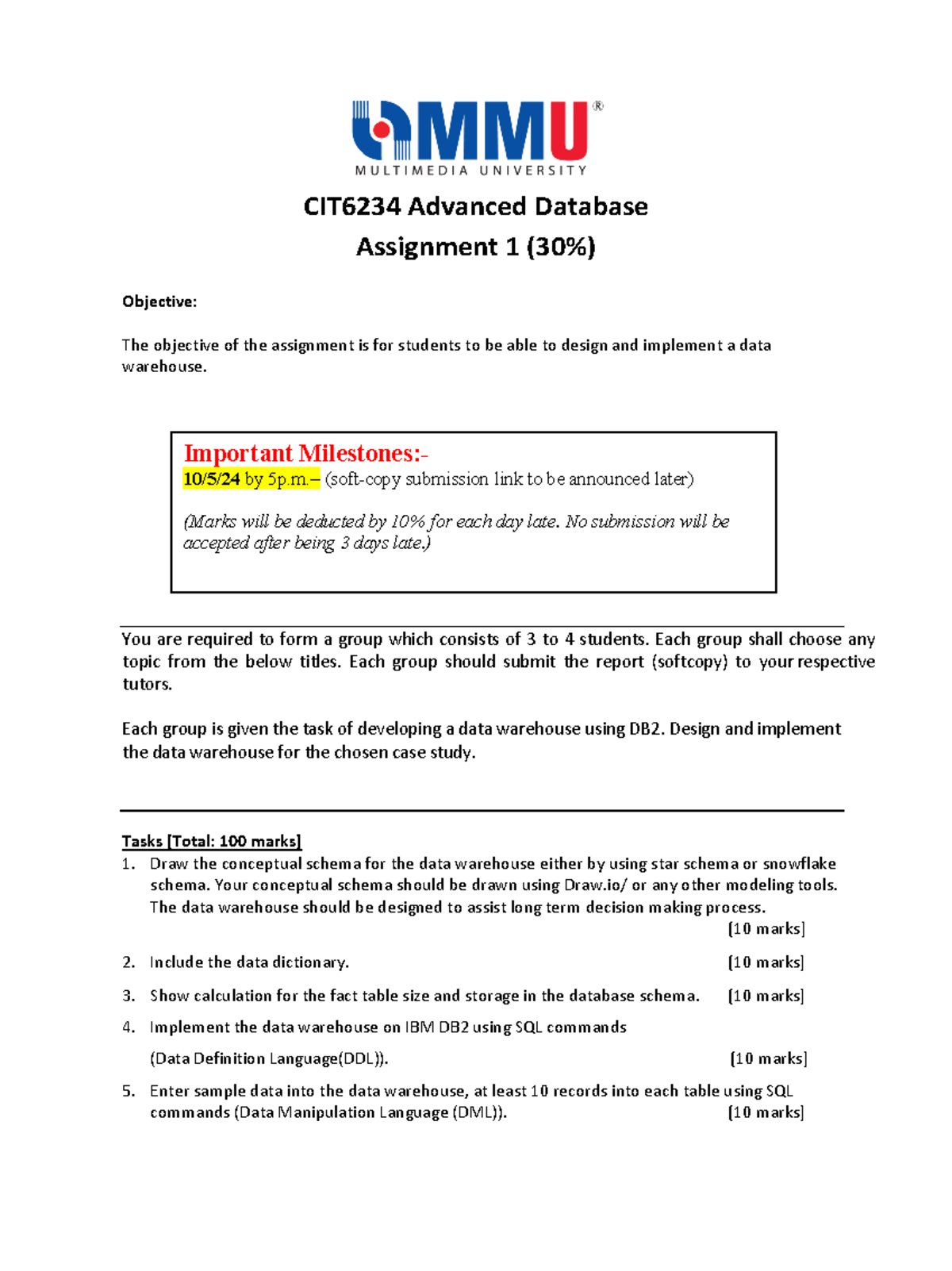 CIT6234 Advanced Database Assignment 1: Data Warehouse Design Task - Studocu