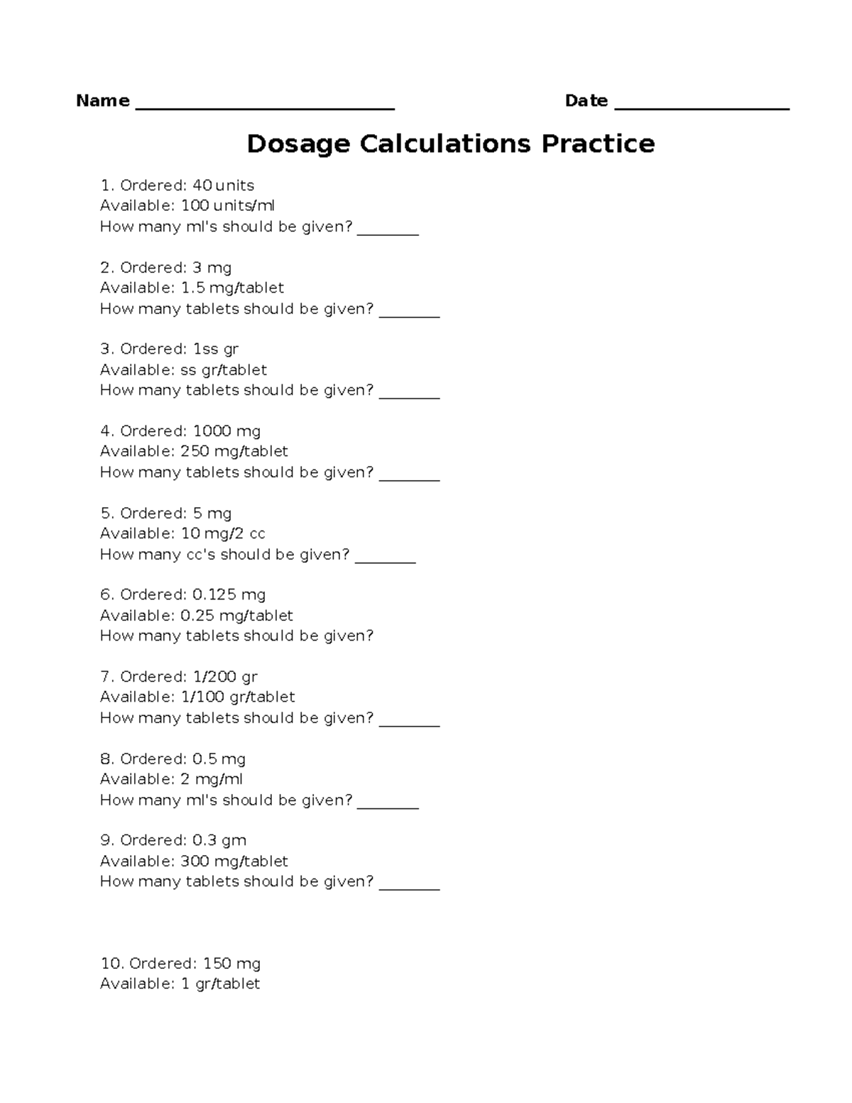 Dosage Calculations Practice Exercises (Course Code: 300067) - Studocu