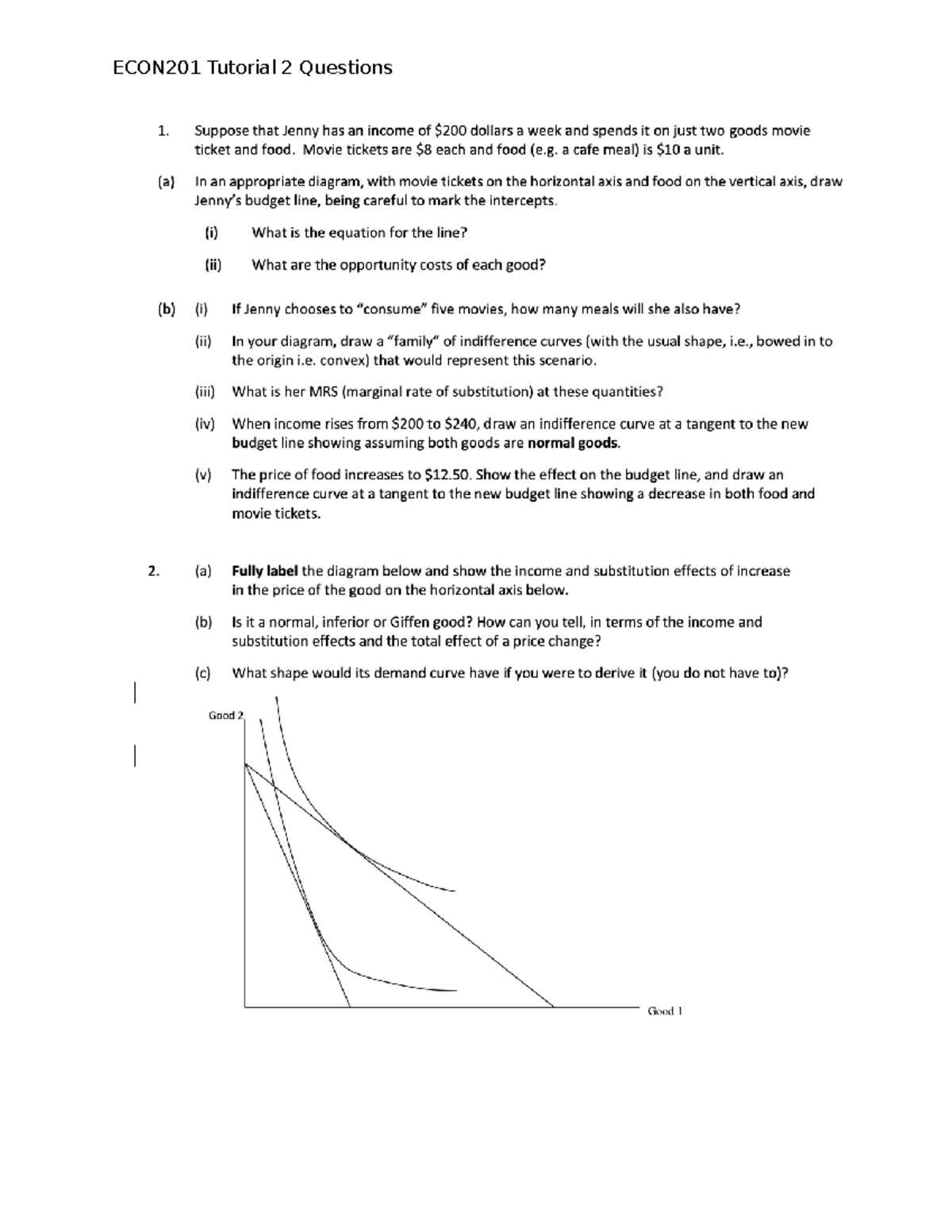 ECON201 Tutorial 2: Budget Lines & Indifference Curves Analysis - Studocu