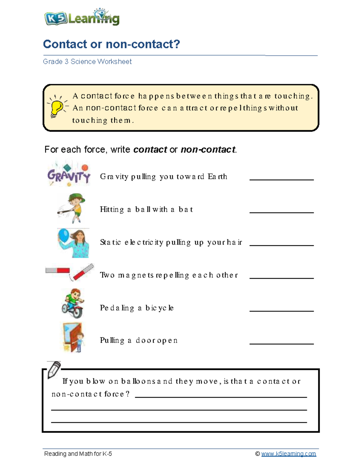 Grade 3 Science: Contact and Non-Contact Forces Worksheet - Studocu