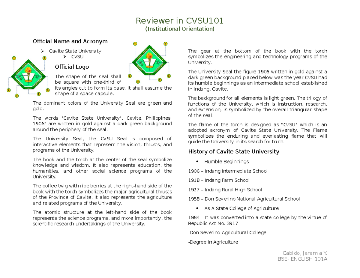 Reviewer in CVSU101: Overview of Cavite State University History and ...