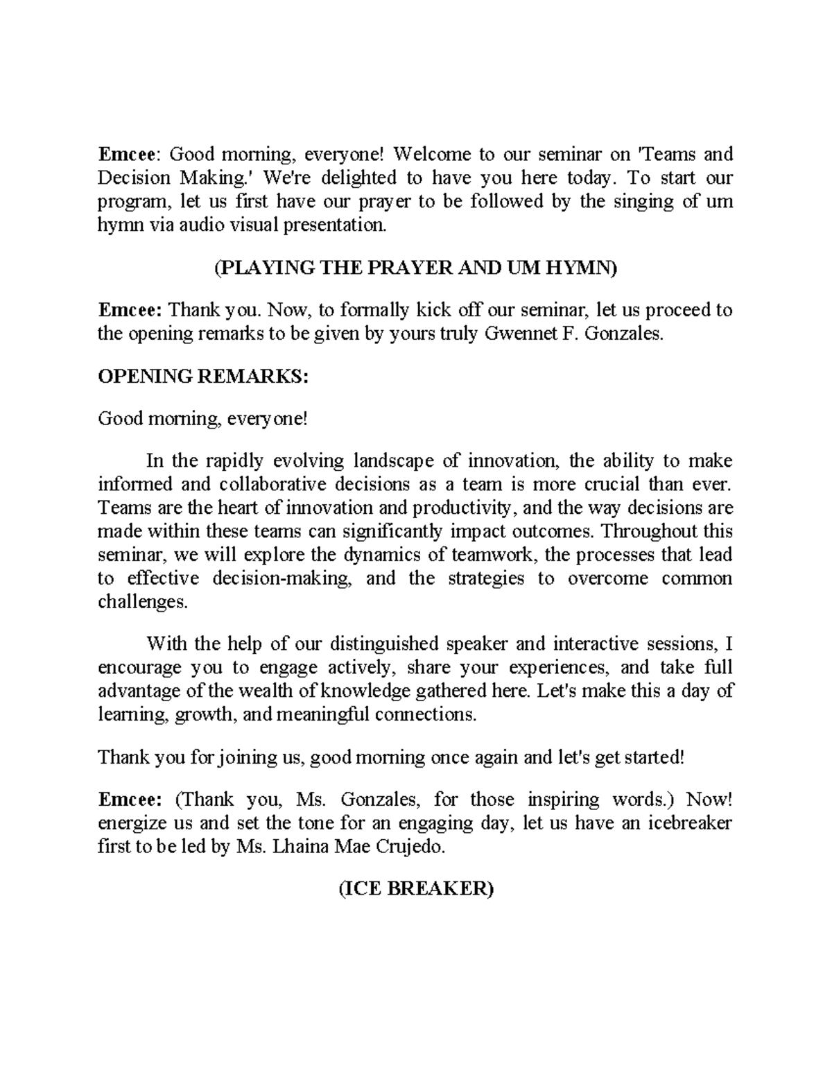 Emcee Script for Seminar on Teams & Decision Making - Studocu