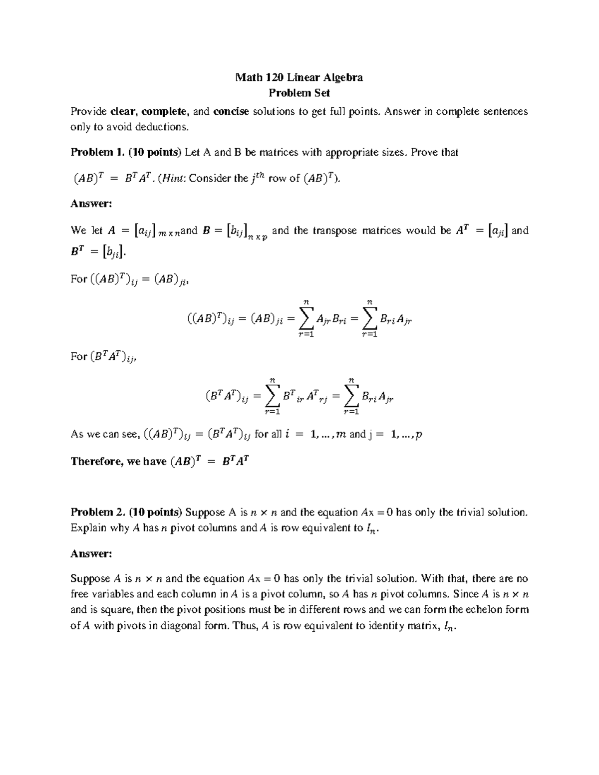 Linear Algebra MATH 120 - Problems - Math 120 Linear Algebra Problem Set Provide clear ...