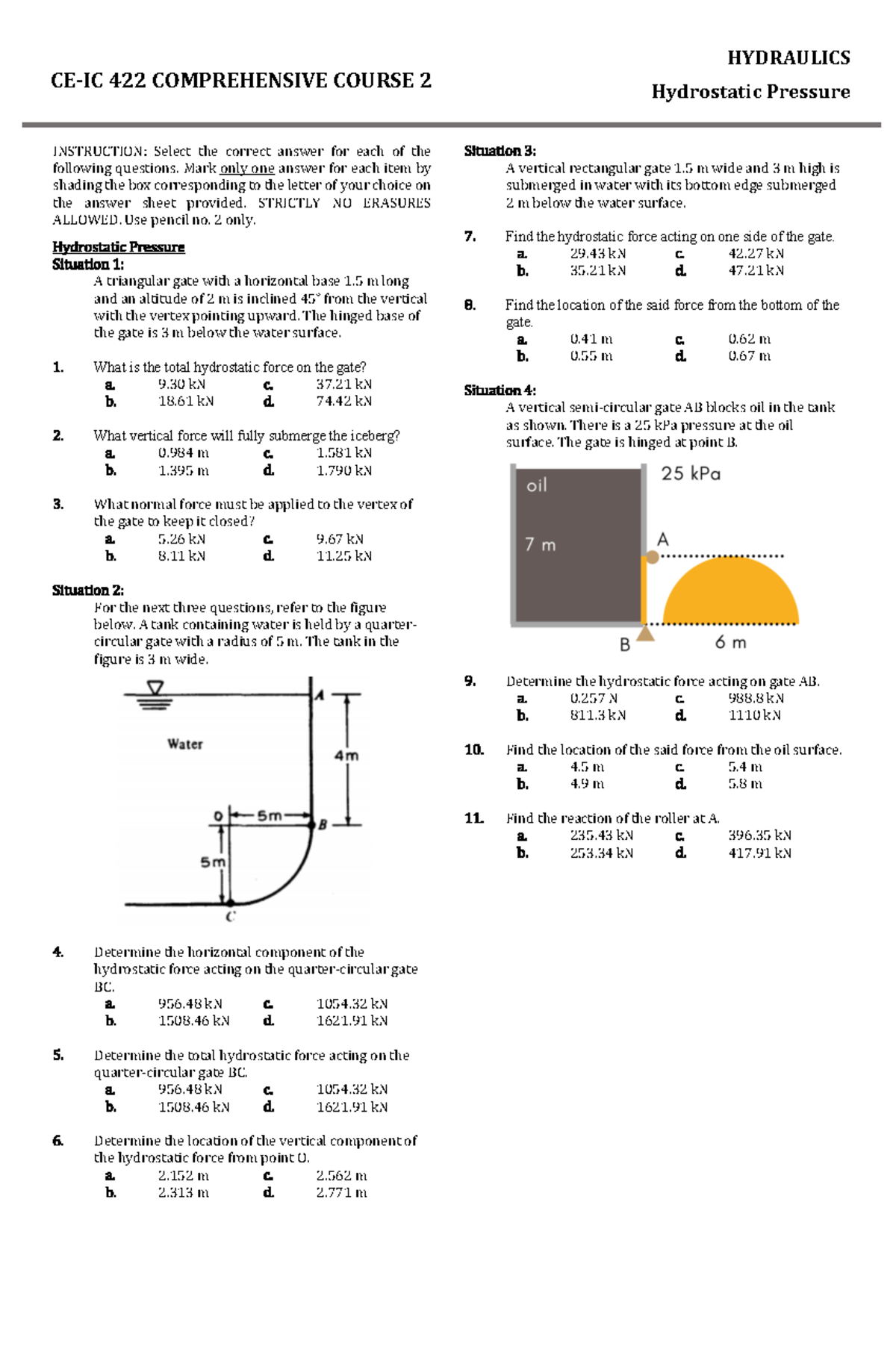 CE-IC 422 Week 2 Hydrostatic Pressure Quiz Handout - Studocu