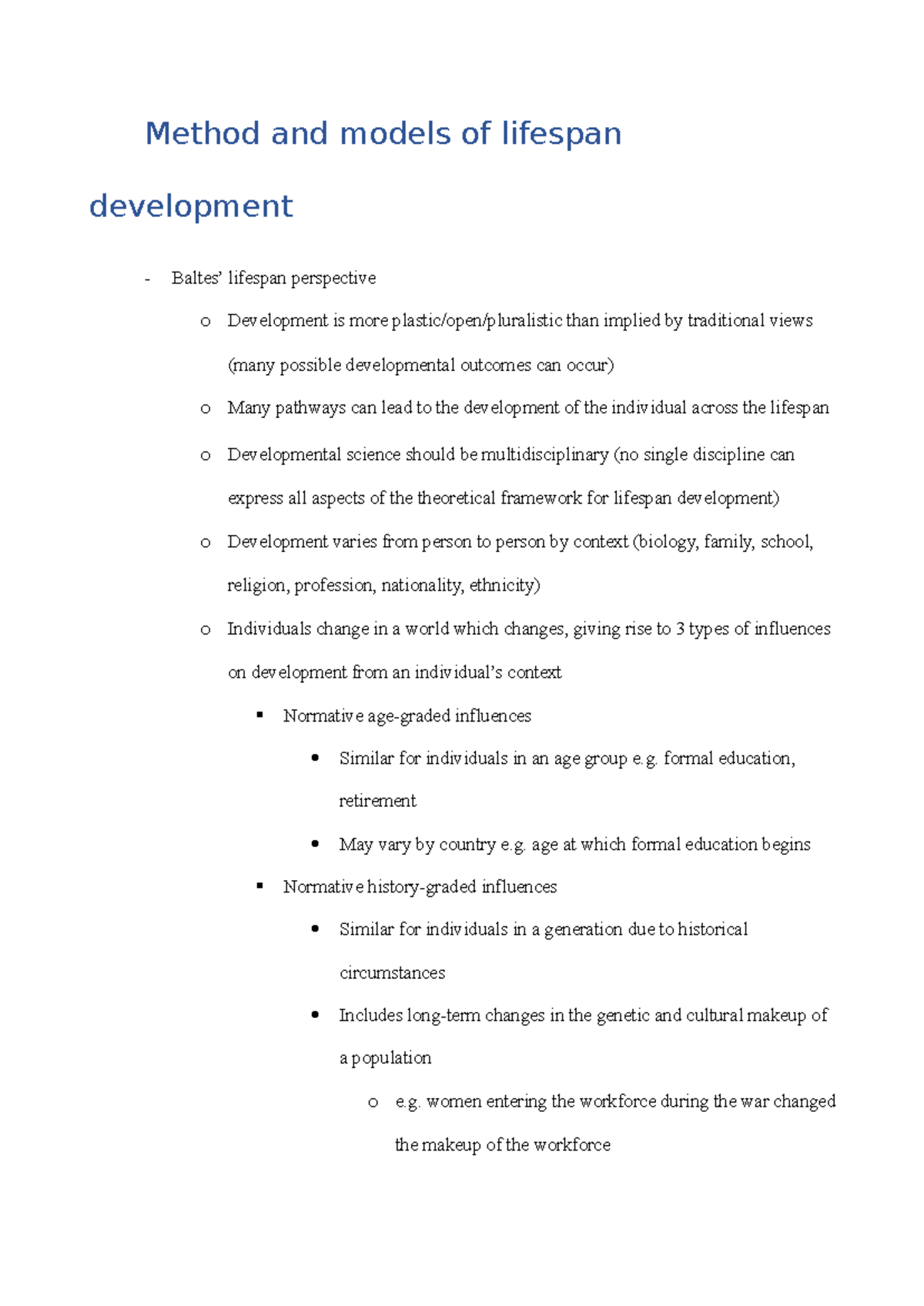 PSYC2030 Lecture 2 - Lifespan Development Methods & Models Notes - Studocu
