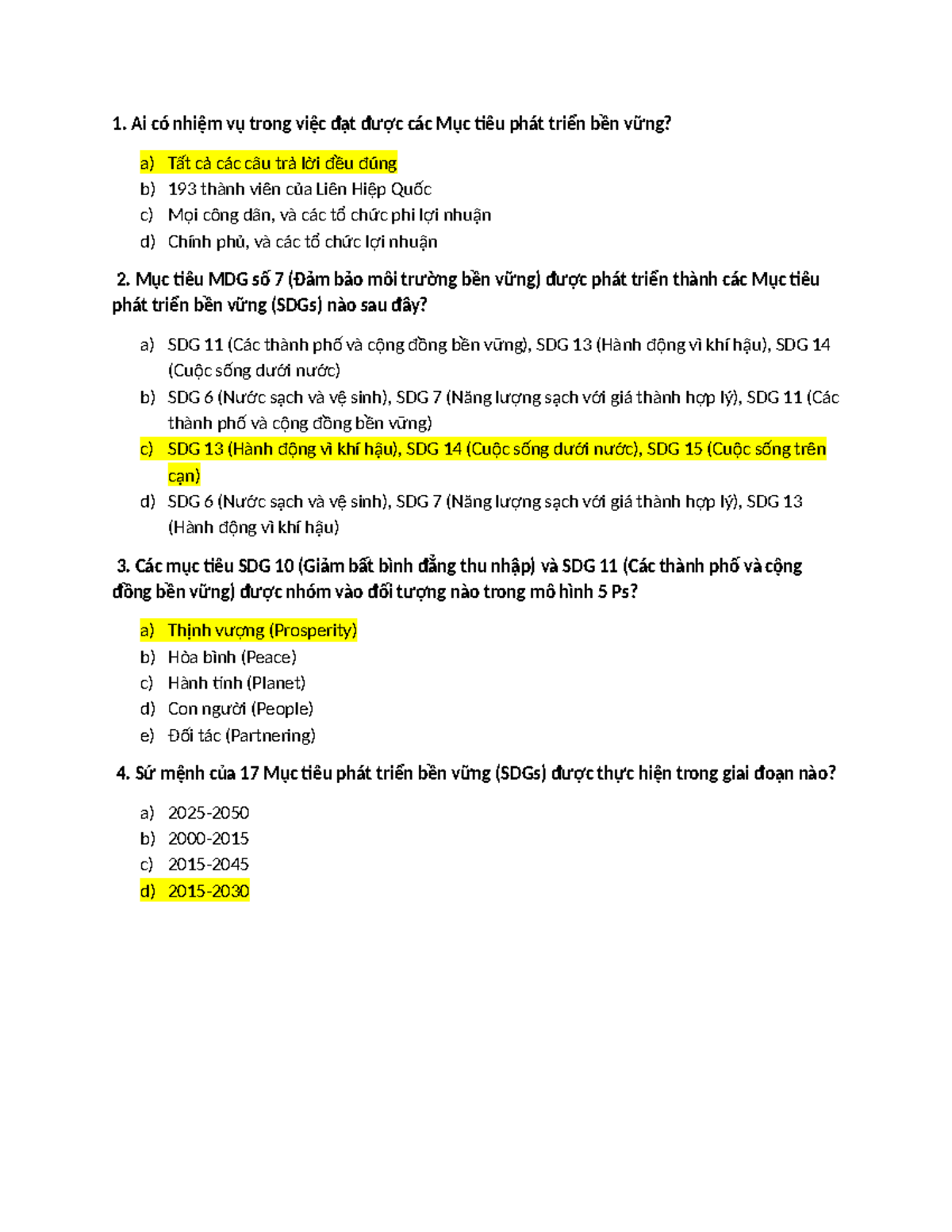 PTBV Trắc nghiệm 1A - Đáp án và Giải thích Mục tiêu SDGs - Studocu