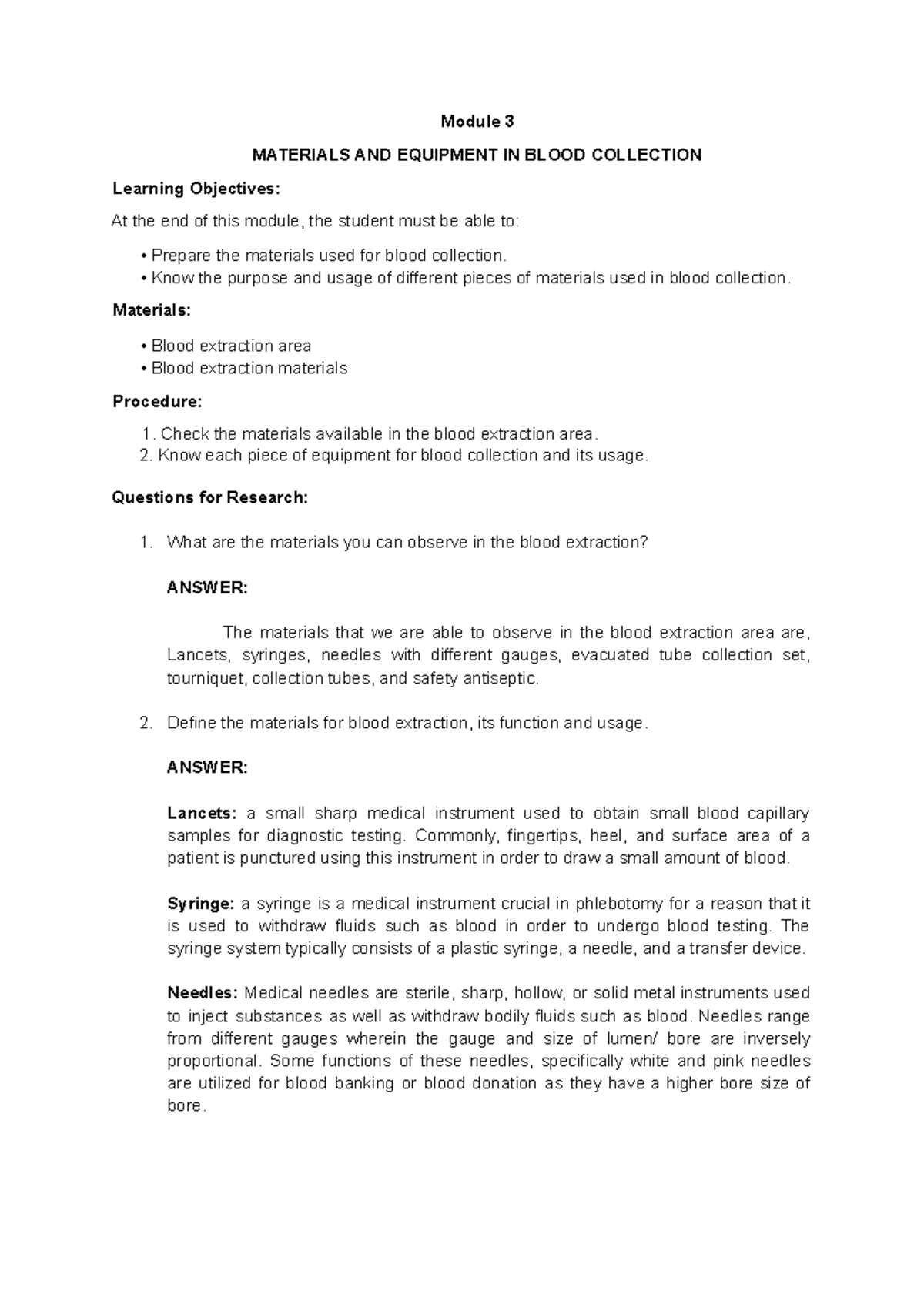 Module 3: Materials & Equipment for Blood Collection - Studocu