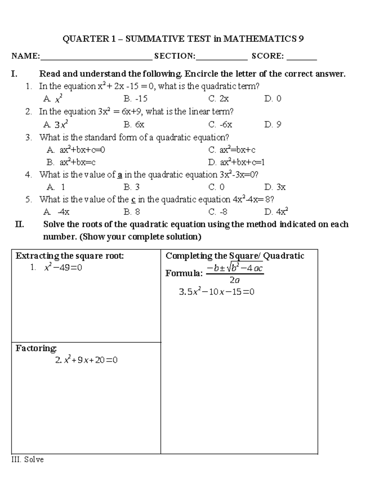 MATHEMATICS 9 QUARTER 1 SUMMATIVE TEST: Quadratic Equations - Studocu