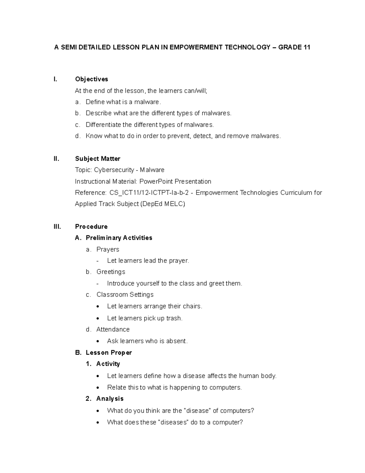 Emp Tech - Malware Lesson Plan for Grade 11 (4A's Curriculum) - Studocu