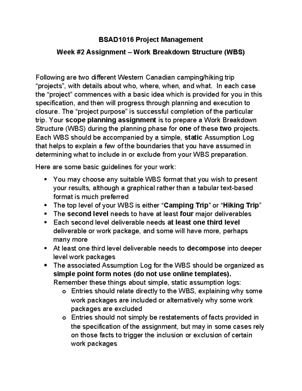 BSAD1016 Project Management Week 2 WBS Assignment Guide - Studocu